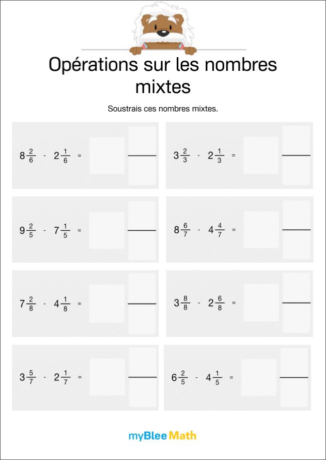 Opérations sur les nombres mixtes 3 - Soustractions de nombres mixtes ...