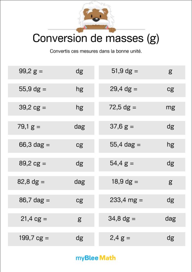 Conversion de masses 5 -Convertir des mesures par myBlee Math ...
