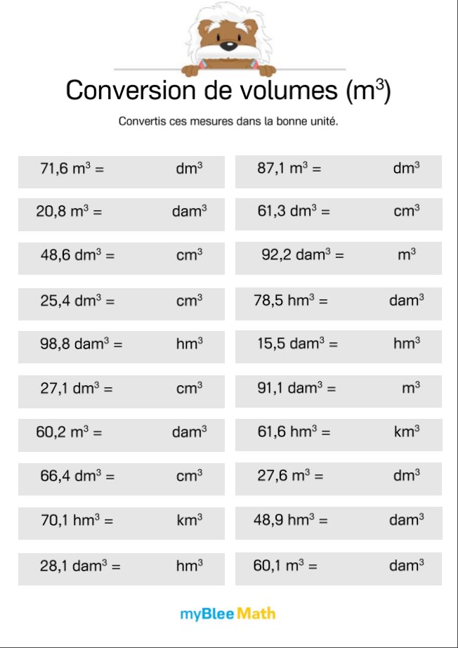 Conversion de volumes (m³) 5 -Convertir des mesures par myBlee Math ...