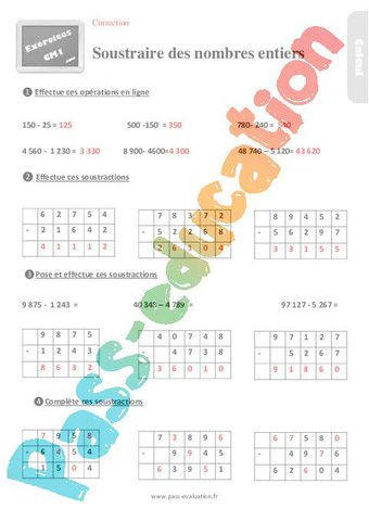 Evaluation et bilan sur comment soustraire des nombres entiers au Cm1 ...