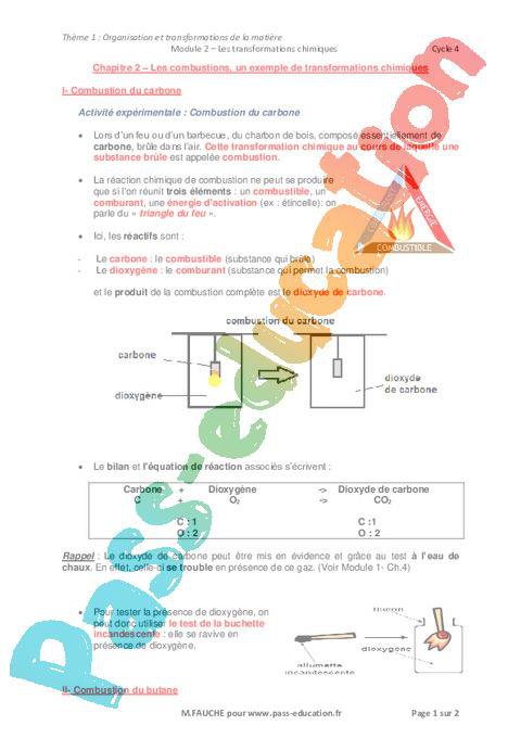 Les combustions, un exemple de transformations chimiques – 4ème – Cours ...