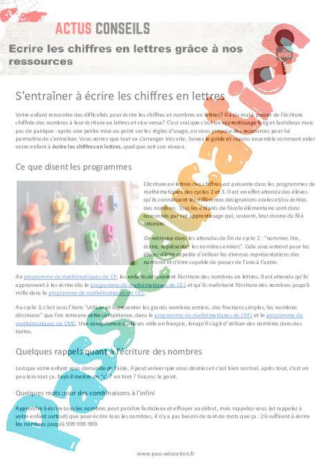 Ecrire les chiffres en lettres grâce à nos ressources par Pass ...