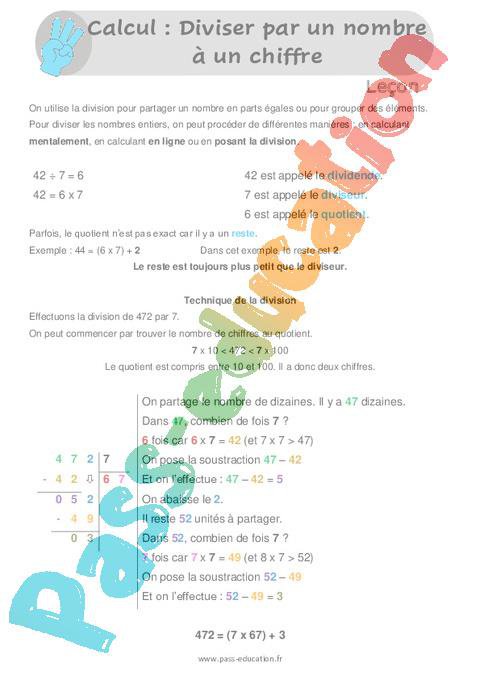 Diviser par un nombre à un chiffre – Leçon au Cm1 et Cm2 – PDF gratuit ...