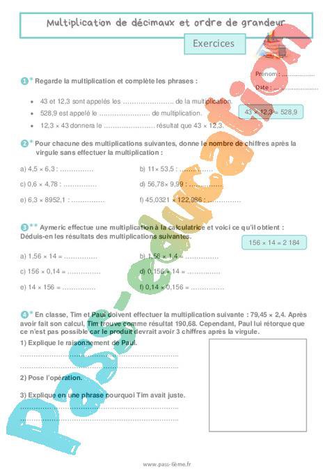 Multiplication de décimaux et ordre de grandeur – Exercices de nombres ...