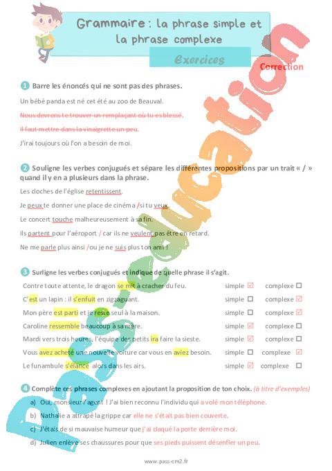 La phrase simple et la phrase complexe – Exercices de grammaire pour le cm2 – Cycle 3 – PDF à ...