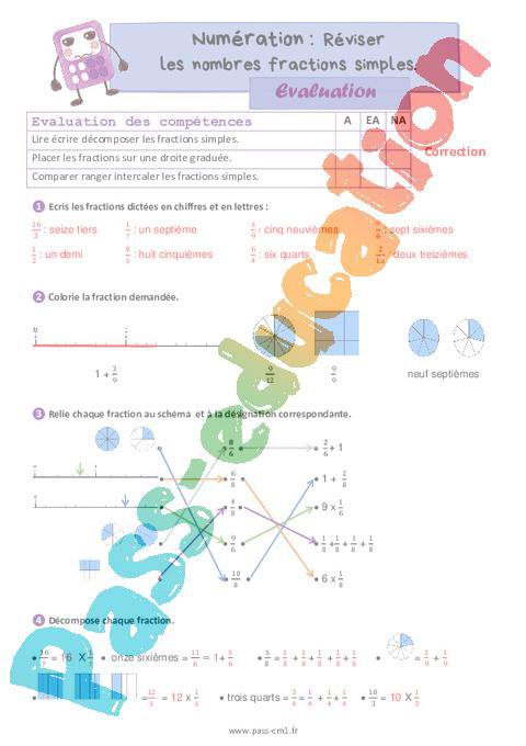 Les fractions simples (révision) – Evaluation de numération pour le Cm1 ...