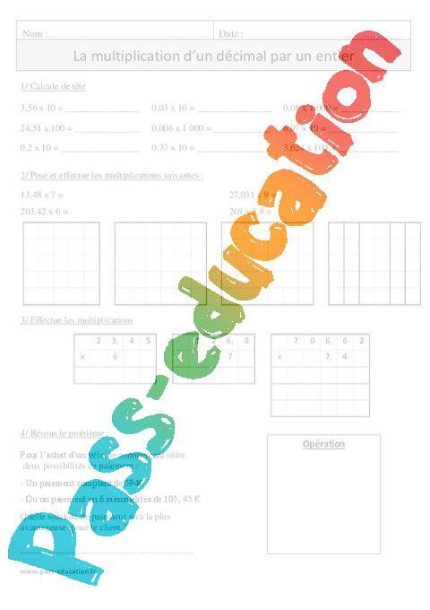 Multiplication d’un décimal par un nombre entier – Cm1 – Exercices corrigés – Calcul ...