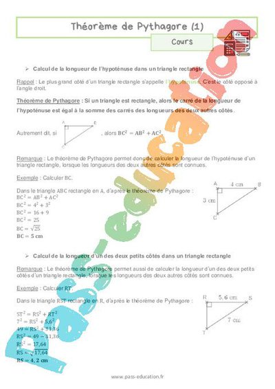 Théorème de Pythagore (1) – 4ème – Cours – PDF à imprimer par Pass-education.fr - jenseigne.fr