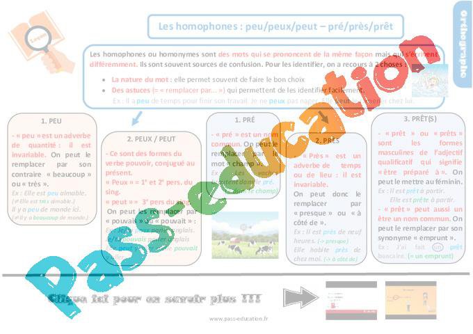 Les homophones : peu/peux/peut – pré/près/prêt au Cm2 – Leçon, trace ...