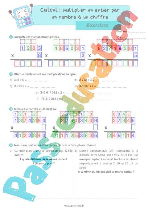 Multiplier un entier par un nombre à un chiffre – Exercices de calcul ...
