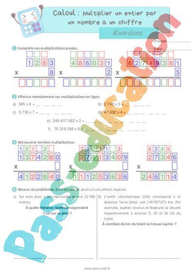 Multiplier un entier par un nombre à un chiffre – Exercices de calcul ...