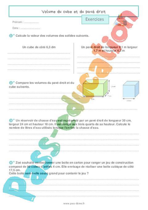 Volume du cube et du pavé droit – Exercices de géométrie pour la 6ème ...