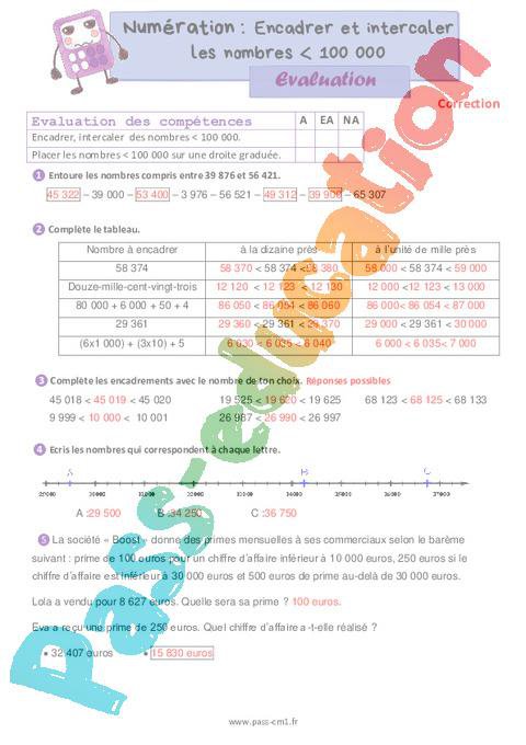 Encadrer et intercaler les nombres inférieur à 100 000 – Évaluation de ...