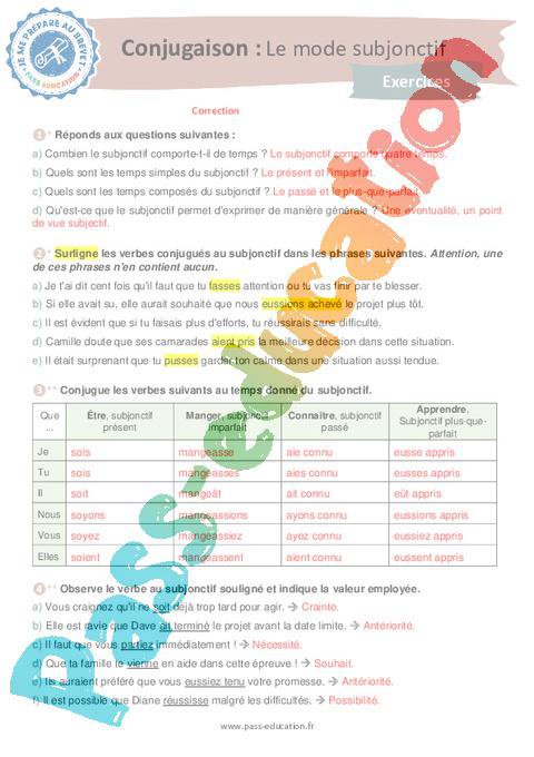 Le mode subjonctif – 3ème – Conjugaison – Je me prépare au Brevet – PDF à imprimer par Pass ...