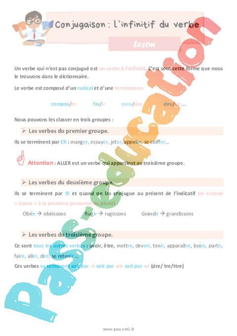 L’infinitif du verbe – Leçon de conjugaison pour le cm1 – PDF gratuit à ...