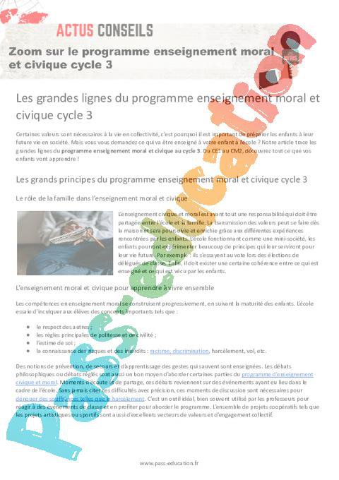 Zoom sur le programme enseignement moral et civique cycle 3 par Pass-education.fr - jenseigne.fr