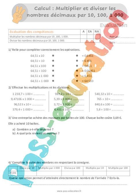 Multiplier et diviser les décimaux par 10, 100, 1000 – Évaluation, bilan au Cm1 et Cm2 avec la ...