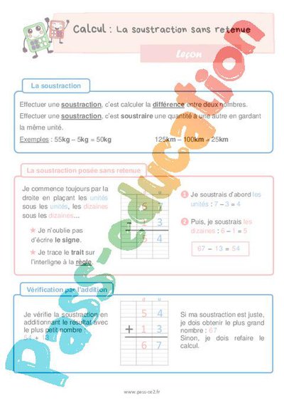 La soustraction sans retenue – Leçon de numération pour le ce2 – PDF à ...