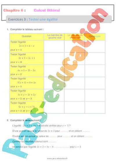 Tester une égalité – 5ème – Calcul littéral – Exercices avec correction ...