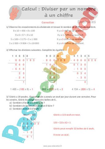 Diviser par un nombre à un chiffre – Exercices, révisions au Cm1 et Cm2 ...