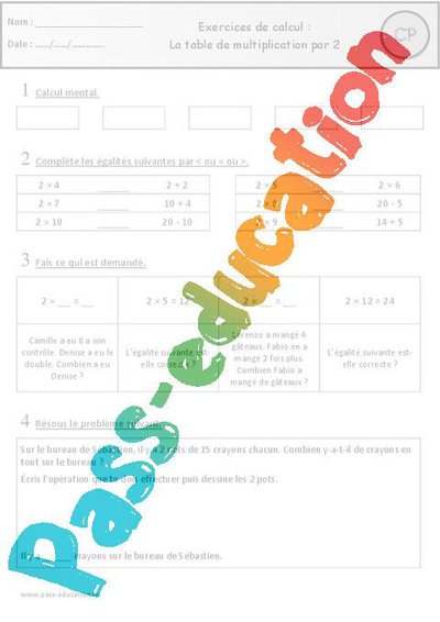 Exercices – Table de multiplication par 2 – Cp – Cycle 2 – PDF à ...