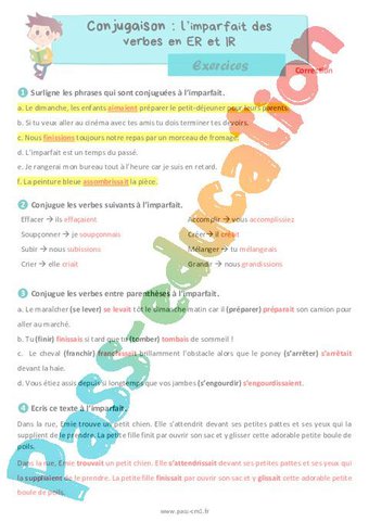 L’imparfait de l’indicatif des verbes en ER et IR – Exercices de ...