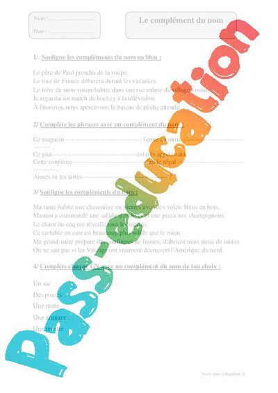 Complément du nom – Cm2 – Exercices corrigés – Grammaire – Cycle 3 ...