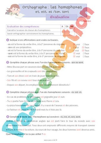 Homophones : et, est, es /son, sont – Évaluation d’orthographe pour le ...