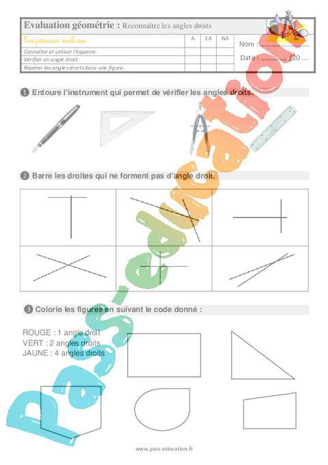 Reconnaître l’angle droit – Ce1 – Evaluation avec la correction – Cycle ...