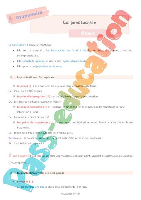 La ponctuation – Cours de grammaire pour la 6ème – PDF à imprimer par ...