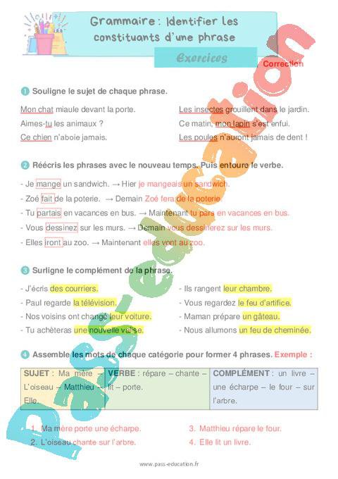 Identifier les constituants d’une phrase – Exercices de grammaire pour ...