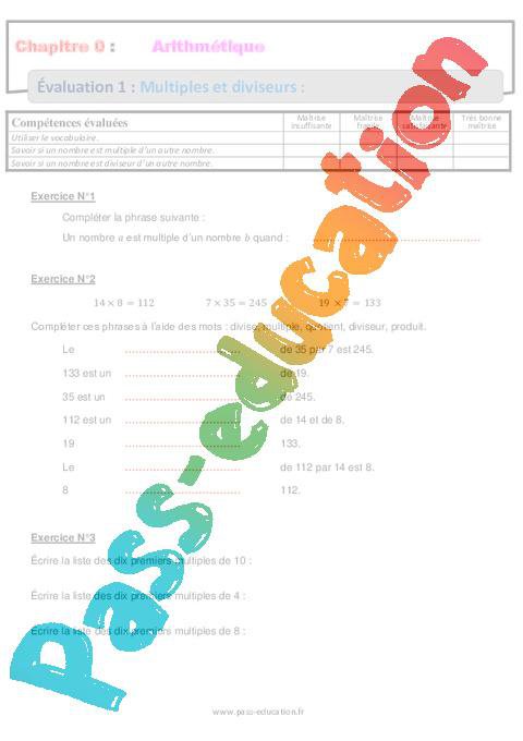 Multiples et diviseurs – 5ème – Evaluation, bilan, contrôle avec la ...