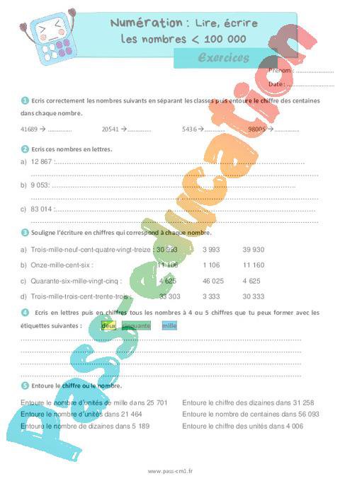 Lire, écrire les nombres inférieur à 100 000 – Exercices de numération ...