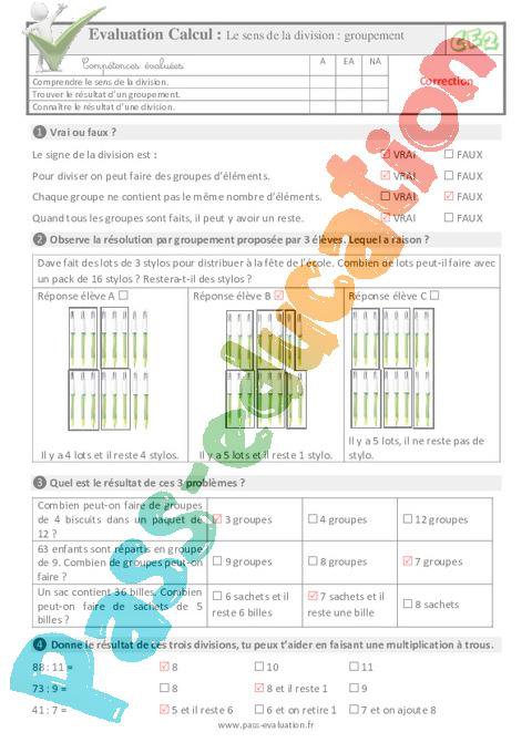 Sens de la division : groupement au CE2 – Evaluation: QCM – Quiz – PDF ...