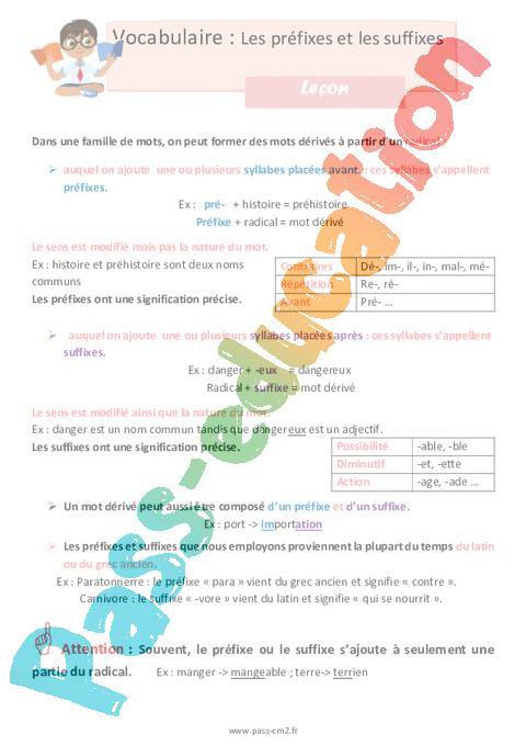Les préfixes et les suffixes au CM2 – Leçon – Cycle 3 – PDF à imprimer ...