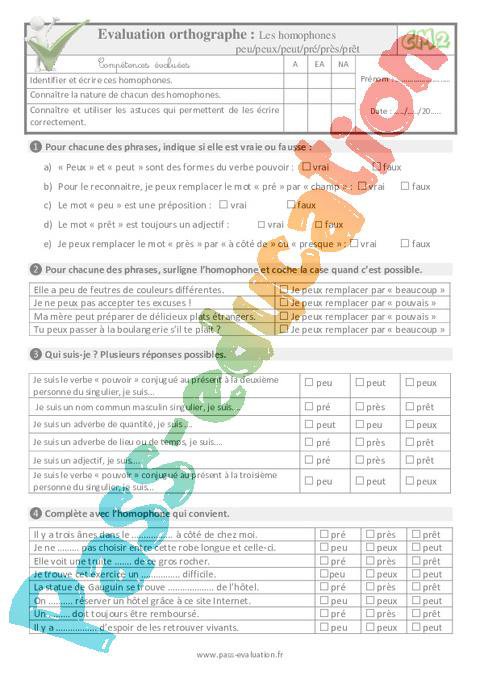 Les homophones lexicaux : peu/peux/peut/pré/près/prêt au Cm2 ...