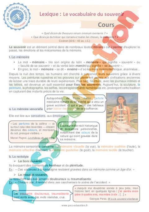 Vocabulaire du souvenir – 3ème – Lexique – Cours – Cycle 4 – PDF à imprimer par Pass-education ...