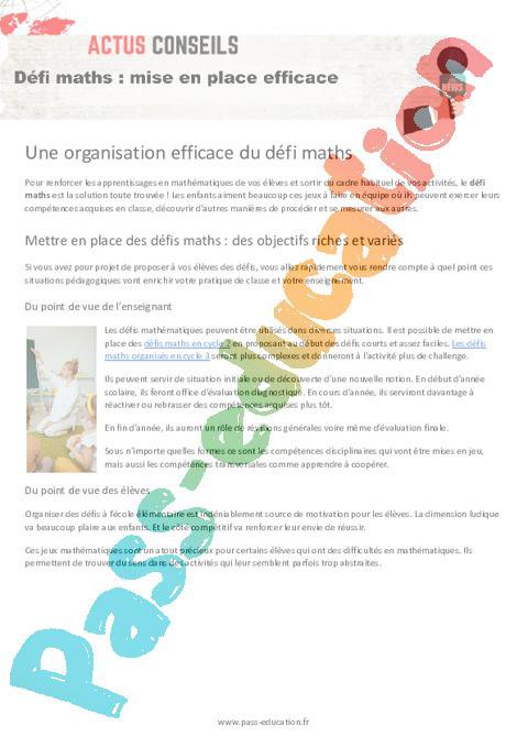 Défi maths : mise en place efficace par Pass-education.fr - jenseigne.fr