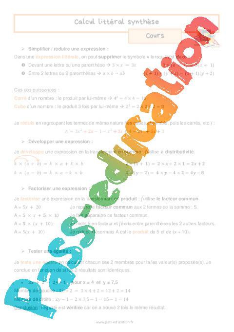 Synthèse sur le calcul littéral – 5ème – Séquence complète – PDF à ...