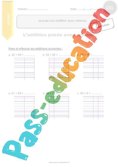 Je pose une addition avec retenue – CE1 – Exercices – PDF à imprimer ...
