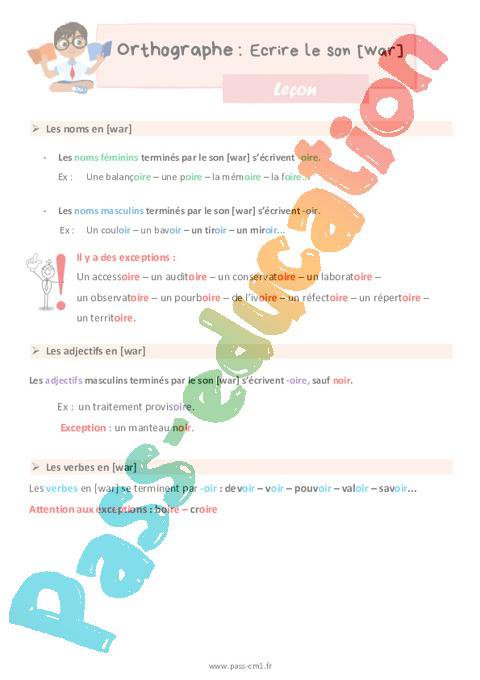Ecrire le son [war] – Leçon d’orthographe pour le cm1 – Cycle 3 – PDF à ...