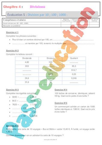 Division par 10, 100, 1000 – 6ème – Séquence complète – Divisions ...