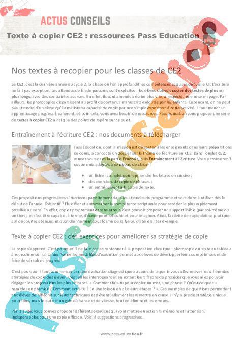 Texte à copier CE2 : ressources Pass Education par Pass-education.fr ...
