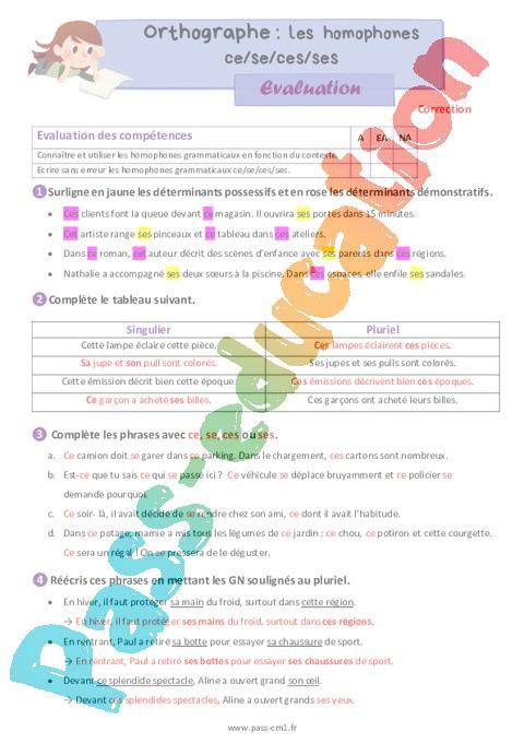 Les homophones grammaticaux : ce, se, ces, ses – Évaluation d ...