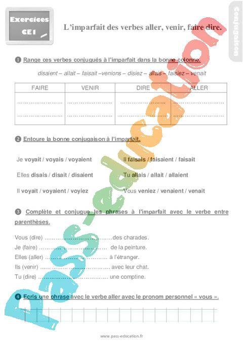 Imparfait des verbes aller, venir, faire dire – Ce1 – Exercices ...