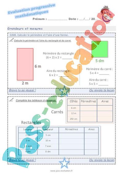 Calculer le périmètre et l’aire d’une forme au Cm2 – Evaluation ...