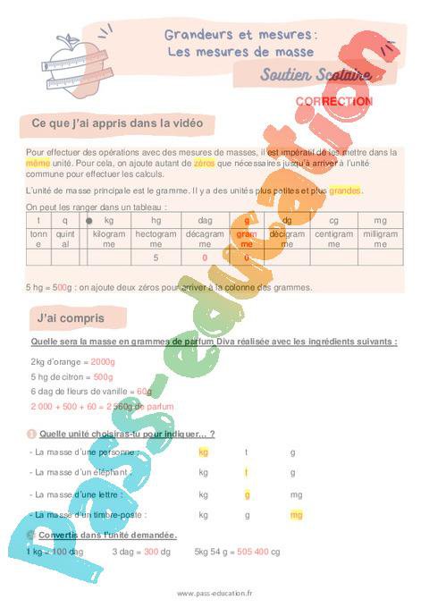 Les mesures de masse – CM2 – Soutien scolaire pour les élèves en ...