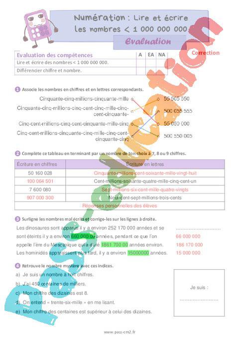 Lire et écrire les nombres inférieur à 1 000 000 000 – Évaluation de numération pour le cm2 ...