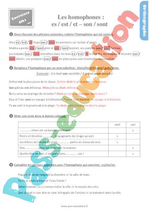 Bilan sur les homophones : et /es /est – son/sont au Cm1 – Evaluation ...