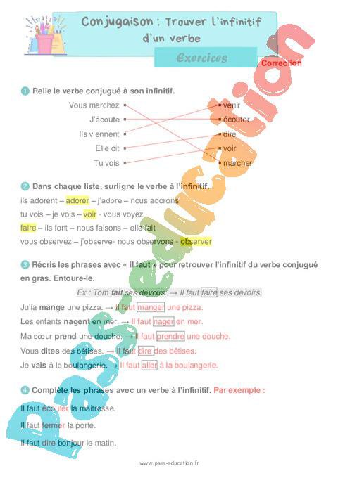 Trouver l’infinitif d’un verbe conjugué – Exercices de conjugaison pour ...